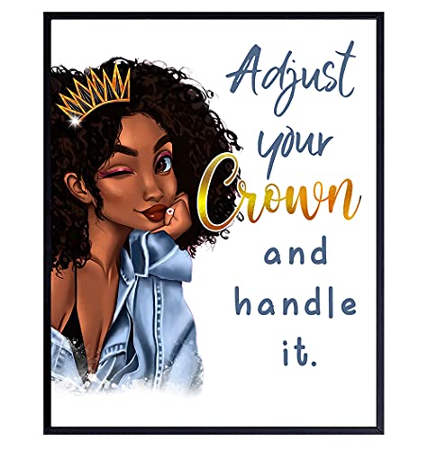 African American Woman Wall Art - Black Queen- Inspirational Quotes Wall Decor - Motivational Posters - Uplifting Encouragement Gifts for Women - Girls Bedroom Living Room Home Office - Afro Girl 8x10