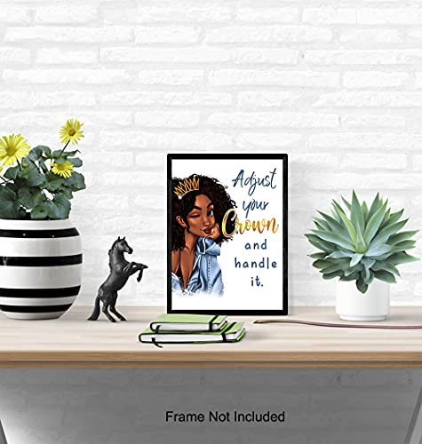 African American Woman Wall Art - Black Queen- Inspirational Quotes Wall Decor - Motivational Posters - Uplifting Encouragement Gifts for Women - Girls Bedroom Living Room Home Office - Afro Girl 8x10