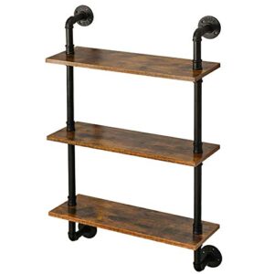 ibuyke pipe floating shelves,37.5″ industrial pipe shelves,3-tier rustic wall mount bookcase,metal bracket storage wall shelf for bedroom, kitchen, living room, bathroom gl-tm003