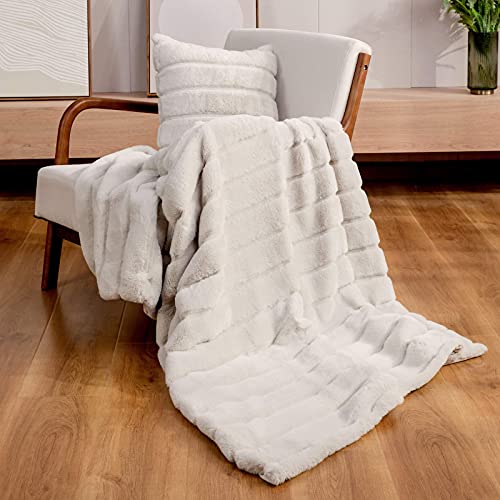 Cozy Bliss Luxury Super Soft Striped Faux Fur Throw Blanket for Couch, 60"x80" Beige, Warm Milky Plush Blanket for Sofa Bed Living Room Bedroom (Stripe-Beige)