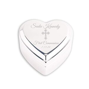 cherished moments personalized heart jewelry keepsake box with custom engraved cross and name for first communion gift for girls, silver toned