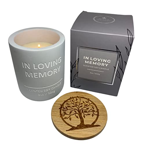 Sympathy Memorial Candle for Loss of Loved one. Natural Soy Wax Jasmine Scent Candle with Tree of Life lid. Remembrance Candle Gift Boxed with Card to Write a Personal Message of Condolence.