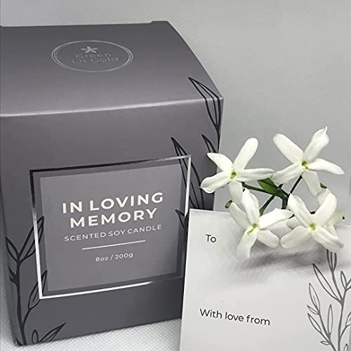 Sympathy Memorial Candle for Loss of Loved one. Natural Soy Wax Jasmine Scent Candle with Tree of Life lid. Remembrance Candle Gift Boxed with Card to Write a Personal Message of Condolence.