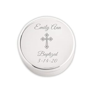 cherished moments personalized small round jewelry keepsake box that has custom engraved cross and message for baby baptism, silver toned