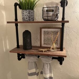 ROGMARS Industrial Pipe Shelf Floating Shelves Bathroom,Industrial Pipe Shelving Farmhouse Bathroom Shelves with Towel Bar Towel Rack Over Toilet Industrial Shelf Rustic Wall Wood Shelves 19.7 Inch