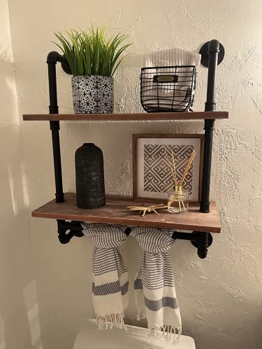 ROGMARS Industrial Pipe Shelf Floating Shelves Bathroom,Industrial Pipe Shelving Farmhouse Bathroom Shelves with Towel Bar Towel Rack Over Toilet Industrial Shelf Rustic Wall Wood Shelves 19.7 Inch