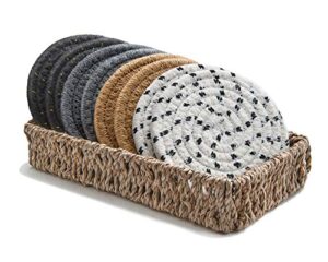 boho drink coasters with seagrass basket holder for storage | set of 8 handmade braided cotton 4.3 inch extra absorbent coasters in boho decor neutral colors | 100% natural eco friendly coaster set