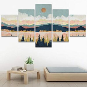 signwin large wall decor canvas wall art print sun over pastel mountain lake and forest nature wilderness illustrations minimalism rustic landscape colorful for living room, bedroom, office – 60″x32″