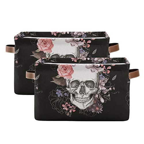 WELLDAY 1PCS Storage Basket Black Rose Skull Large Foldable Storage Bin Cube Collapsible Organizer