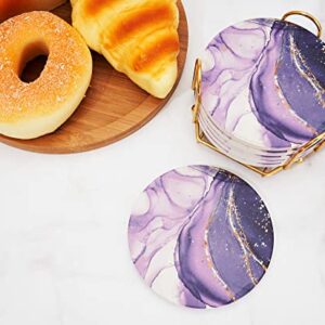 Lamris Absorbent Coasters Sets of 6 Purple Ceramic Coaster with Gold Metal Holder Stand Coffee Table Home Decor Housewarming Gifts