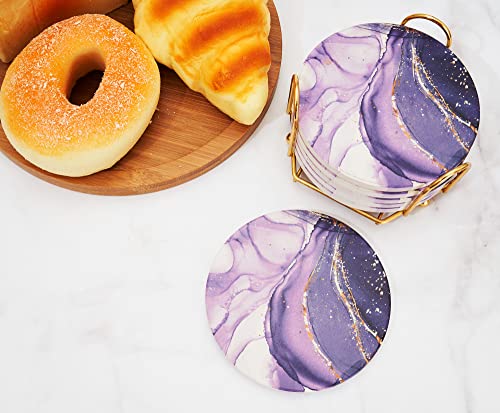 Lamris Absorbent Coasters Sets of 6 Purple Ceramic Coaster with Gold Metal Holder Stand Coffee Table Home Decor Housewarming Gifts