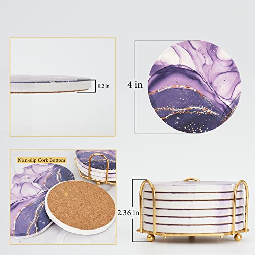 Lamris Absorbent Coasters Sets of 6 Purple Ceramic Coaster with Gold Metal Holder Stand Coffee Table Home Decor Housewarming Gifts