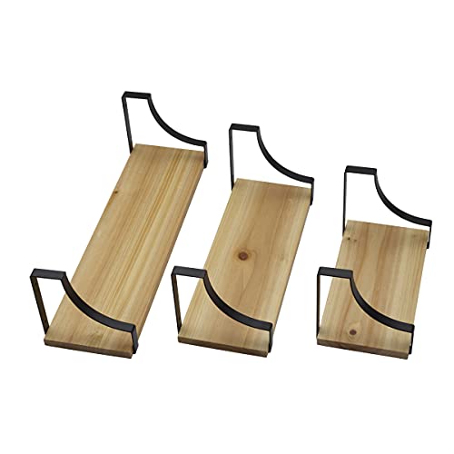 MELANNCO Floating Wall, Wood and Curve Metal Shelves, for Bedroom, Living Room, Kitchen, Nursery, Set of 3, Natural