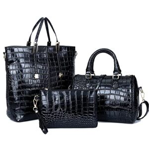 downupdown women handbags and purses set crocodile pattern tote bags top handle handbags wristlets wallet shoulder bag satchel 3 pcs with shoulder strap-black