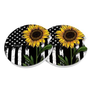 car coasters 2 pack, small 2.56″ stone car cupholder absorbent coaster set for women men drink cup holder coasters (black sunflower)