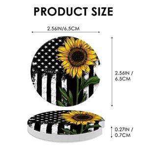 Car Coasters 2 Pack, Small 2.56" Stone Car Cupholder Absorbent Coaster Set for Women Men Drink Cup Holder Coasters (Black Sunflower)