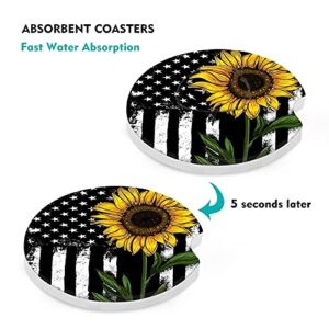 Car Coasters 2 Pack, Small 2.56" Stone Car Cupholder Absorbent Coaster Set for Women Men Drink Cup Holder Coasters (Black Sunflower)