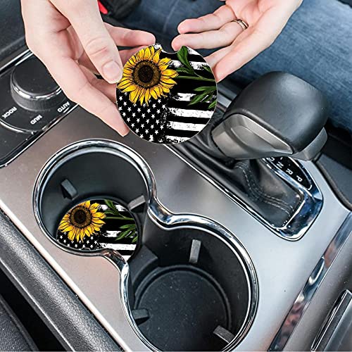 Car Coasters 2 Pack, Small 2.56" Stone Car Cupholder Absorbent Coaster Set for Women Men Drink Cup Holder Coasters (Black Sunflower)