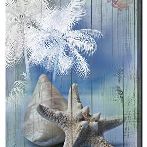 Bathroom Blue Ocean Picture Nursery Canvas Wall Art Palm Tree Coastal Conch Seashell Painting Starfish Modern Artwork Framed for Bedroom Living Room Home Office Wall Decor 12"x16"