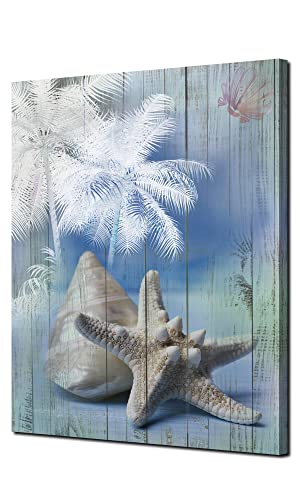 Bathroom Blue Ocean Picture Nursery Canvas Wall Art Palm Tree Coastal Conch Seashell Painting Starfish Modern Artwork Framed for Bedroom Living Room Home Office Wall Decor 12"x16"