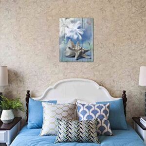 Bathroom Blue Ocean Picture Nursery Canvas Wall Art Palm Tree Coastal Conch Seashell Painting Starfish Modern Artwork Framed for Bedroom Living Room Home Office Wall Decor 12"x16"