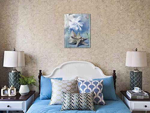 Bathroom Blue Ocean Picture Nursery Canvas Wall Art Palm Tree Coastal Conch Seashell Painting Starfish Modern Artwork Framed for Bedroom Living Room Home Office Wall Decor 12"x16"