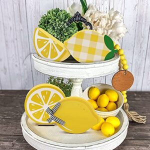 lemon tiered tray block decor summer farmhouse wooden pieces lemonade yellow buffalo plaid farmhouse 3d stand rustic kitchen decoration signs summer gift ideas set of 4