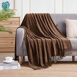 bourina chenille throw blanket with decorative fringe for couch sofa chair blanket (50×60 inches) brown