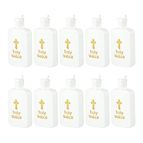 IUASZZ 10 Pieces Holy Water Bottles White with Gold Blocking Logo Religious Easter Plastic Bottle for Home Kitchen Party Decorative Accessories 3.4oz