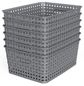 weave storage organizer baskets, grey 6-pack plastic woven baskets, 10.1″ x 7.55″ x 4.1″