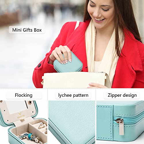 Vee Small Travel Jewelry Case, Mini Jewelry Organizer with Mirror Portable Display Storage Jewelry Box for Earrings, Rings, Necklaces, Bracelet, Best Gift for Women Girls (Blue)