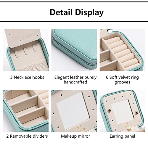 Vee Small Travel Jewelry Case, Mini Jewelry Organizer with Mirror Portable Display Storage Jewelry Box for Earrings, Rings, Necklaces, Bracelet, Best Gift for Women Girls (Blue)