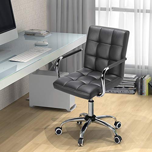 Yaheetech Mid Back Desk Chair, PU Leather Office Task Chair with Armrests/Large Seat, Adjustable Chair with Wheels, Grey