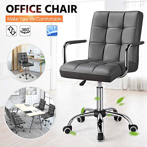 Yaheetech Mid Back Desk Chair, PU Leather Office Task Chair with Armrests/Large Seat, Adjustable Chair with Wheels, Grey