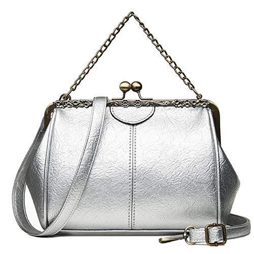 Segater Women Small Retro Kiss Lock Handbag and Purses PU Leather Hollow Tote Shoulder Bag Satchels with Chain Silver