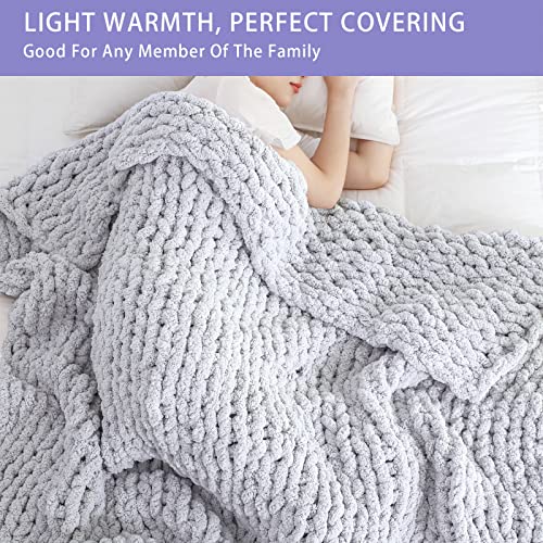 Chunky Knit Blanket Throw 51x63, Soft Chenille Chunky Knitted Throw Blanket, Big Knit Blankets Chunky, Thick Cable Knit Throw, Large Rope Knot Throw Blankets for Couch Bed Sofa(Light Grey)