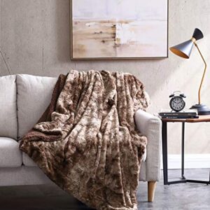 Chezmoi Collection Soft Fuzzy Faux Fur Queen Bed Blanket - Fluffy Warm Cozy Lightweight Reversible Brown Wolf Fur Plush Sherpa Blanket, Queen 90" x 90"