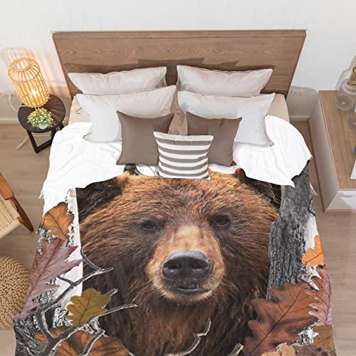 Camo Bear Throw Blanket Super Soft Lightweight Warm Fuzzy Plush Fleece Blankets for Couch Sofa Bed Bear Blanket for Adults Gift for Men Boys Home Hunting Decor 80"x60" for Adult