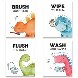 faljiok funny dinosaur bathroom decor, brush flush wipe wash baby boy nursery bathroom wall art prints decorations for kids nursery boy girl son bathroom set of 4(8″ x 10″) unframed