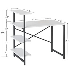 CubiCubi Small Computer Desk with Shelves 40 Inch, Home Office Desk, Study Writing Office Table, 3 Tier Shelf, White