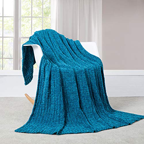 Revdomfly Chenille Cable Knit Blanket Fluffy Knitted Throw Blanket, Cozy Plush Lightweight Woven Blanket for Couch Bed Sofa, 50" x 60", Blue