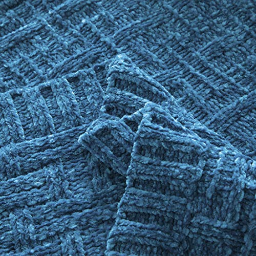 Revdomfly Chenille Cable Knit Blanket Fluffy Knitted Throw Blanket, Cozy Plush Lightweight Woven Blanket for Couch Bed Sofa, 50" x 60", Blue