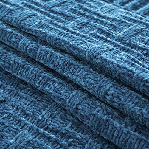 Revdomfly Chenille Cable Knit Blanket Fluffy Knitted Throw Blanket, Cozy Plush Lightweight Woven Blanket for Couch Bed Sofa, 50" x 60", Blue