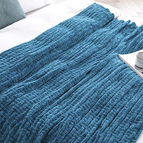 Revdomfly Chenille Cable Knit Blanket Fluffy Knitted Throw Blanket, Cozy Plush Lightweight Woven Blanket for Couch Bed Sofa, 50" x 60", Blue