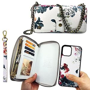 xgrand crossbody wallet case iphone 13 pro max 6.7 inches [3 in 1] detachable magnetic zipper purse 14 card slots pocket crossbody chain wrist strap clutch leather wallet cases – white, white floral