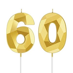 60th birthday number candles 3d diamond shape cake candles number 60 candles cake topper decoration for birthday wedding celebration anniversary favor (gold)