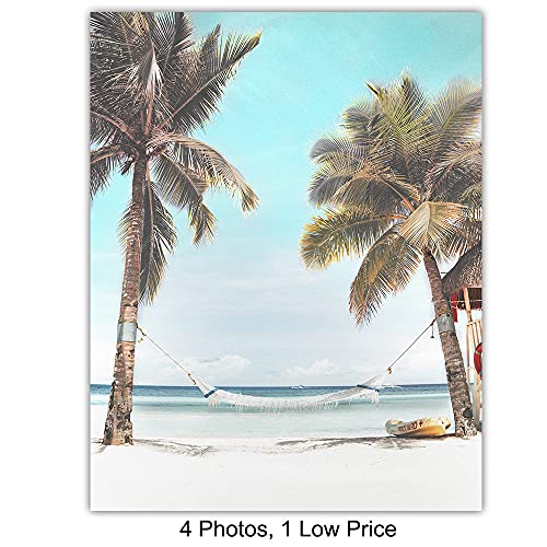 Beach Decor - Beach Wall Art - Tropical Palm Trees, Surfing Posters 8x10 - Unique Home Decor for Lake or Ocean House, Bathroom, Bedroom, Living Room, Office - Gift for Surfers - Nautical Photo Set