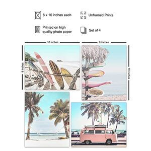 Beach Decor - Beach Wall Art - Tropical Palm Trees, Surfing Posters 8x10 - Unique Home Decor for Lake or Ocean House, Bathroom, Bedroom, Living Room, Office - Gift for Surfers - Nautical Photo Set