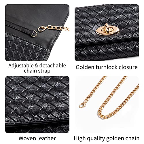 U+U Small Wallet Purses for Women Crossbody Bag Woven Credit Card Holder with Detachable Metal Chain Cell Phone Purse Women's Shoulder Handbags（Black）