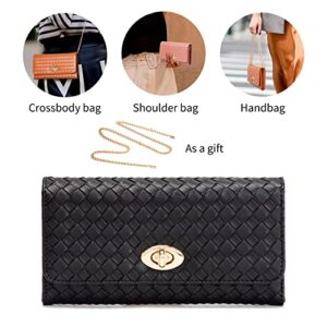 U+U Small Wallet Purses for Women Crossbody Bag Woven Credit Card Holder with Detachable Metal Chain Cell Phone Purse Women's Shoulder Handbags（Black）